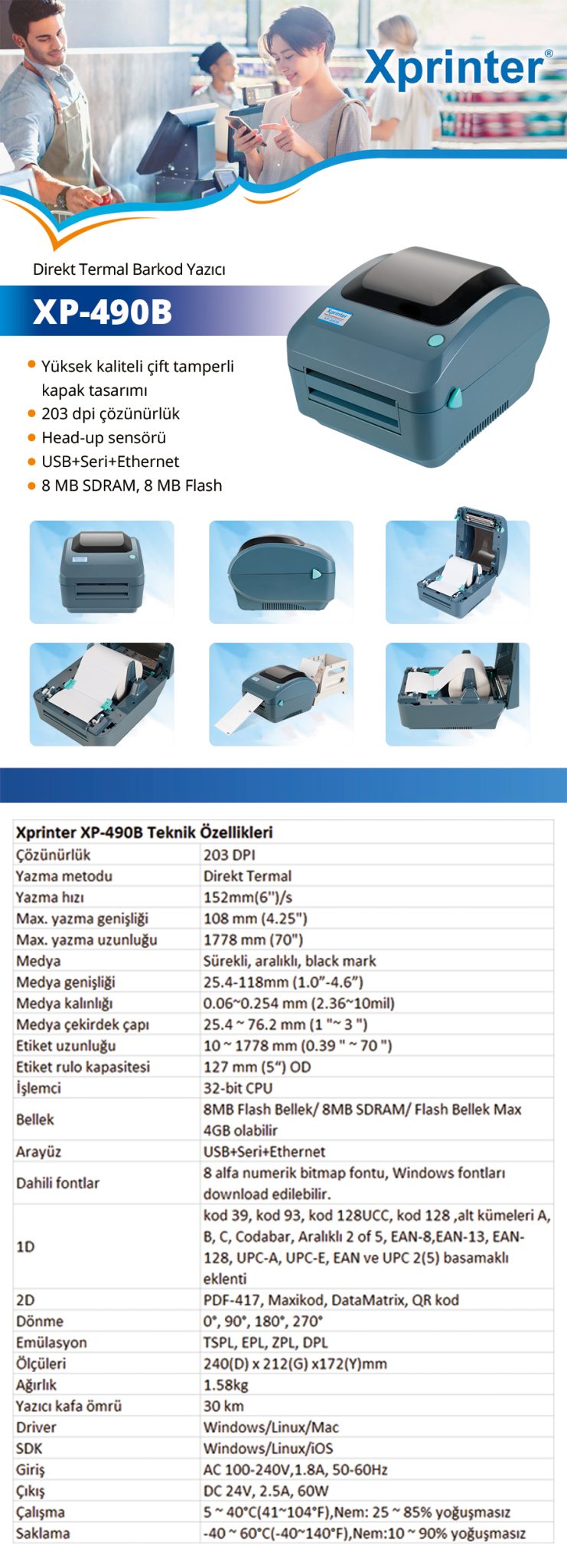 Xprinter 490B + 3 Adet 100X100 Etiket (500 Sarımlı) - İyi Barkod